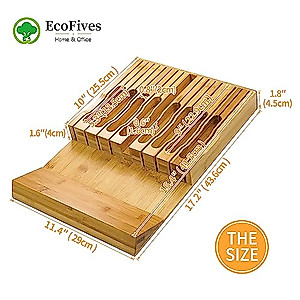 EcoFives In-Drawer Knife Block,Bamboo Knife Drawer Organizer Insert, Kitchen Knife Drawer Storage for 16 Knives a Slot for your Knife Sharpener (Without Knives)