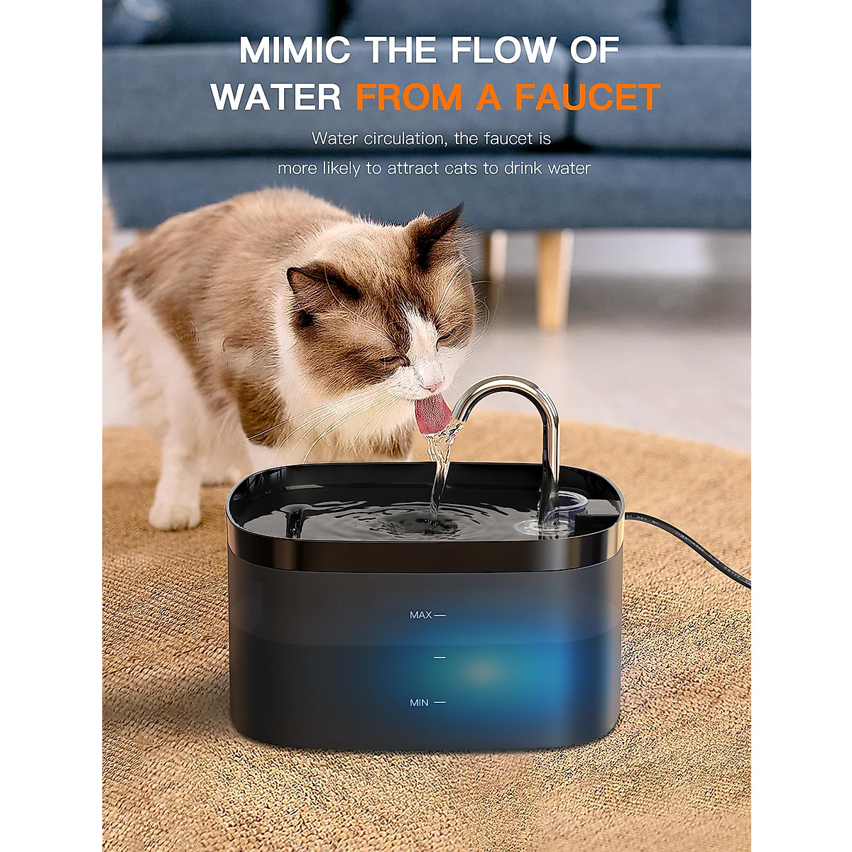 Cat Water Fountain, 84OZ/2.5L Cat Fountain, Super Silent Pet Water Fountain, Activated Carbon Filter, Translucent Pet Water Dispenser Suitable for Multiple Pets Family (Black)