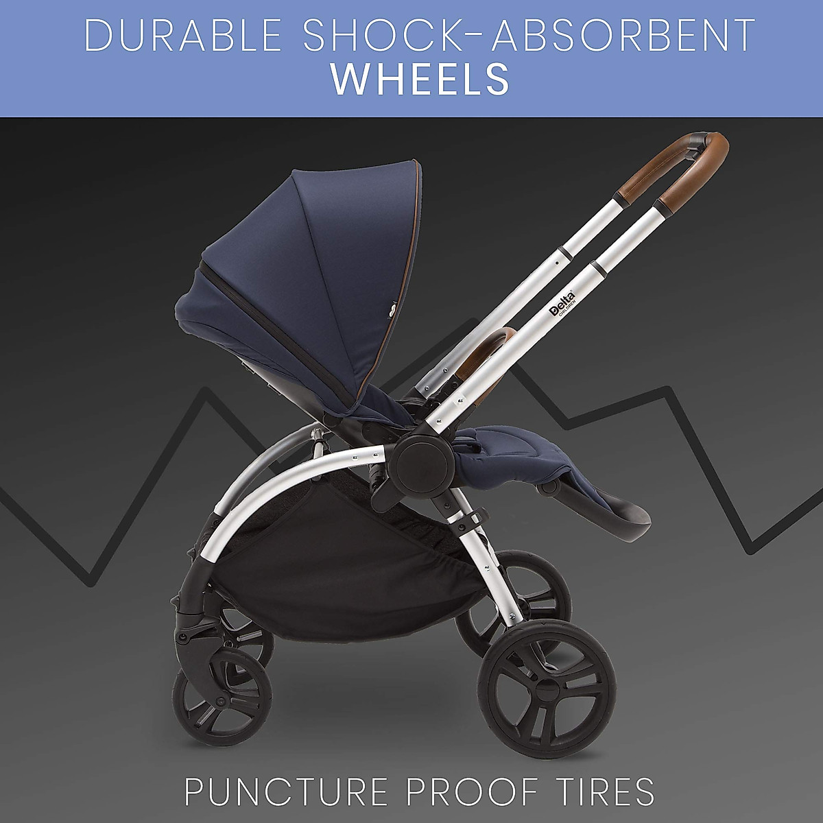 Delta Children Revolve Reversible Stroller, Navy - Leather Handlebar; One Hand Easy Fold; Lightweight Shock-Absorbing Frame; Reclining Seat and Adjustable Footrest