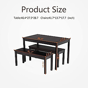 Alohappy 3 Piece PineWood Dining Set for 4，45" Dining Room Table Set with 2 Benches for Home Kitchen Dining Room Furniture,Bench Style & Space-saving (Espresso)