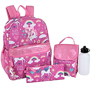 Trail maker Girls 6 in 1 Backpack and Lunch Box Set for School with Pencil Case, Water Bottle, Fidget Keychain Attached for Kids (Magic & Unicorns)