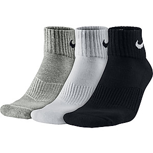 NIKE Unisex Performance Cushion Quarter Training Socks (3 Pairs), Black/White/Grey, Large