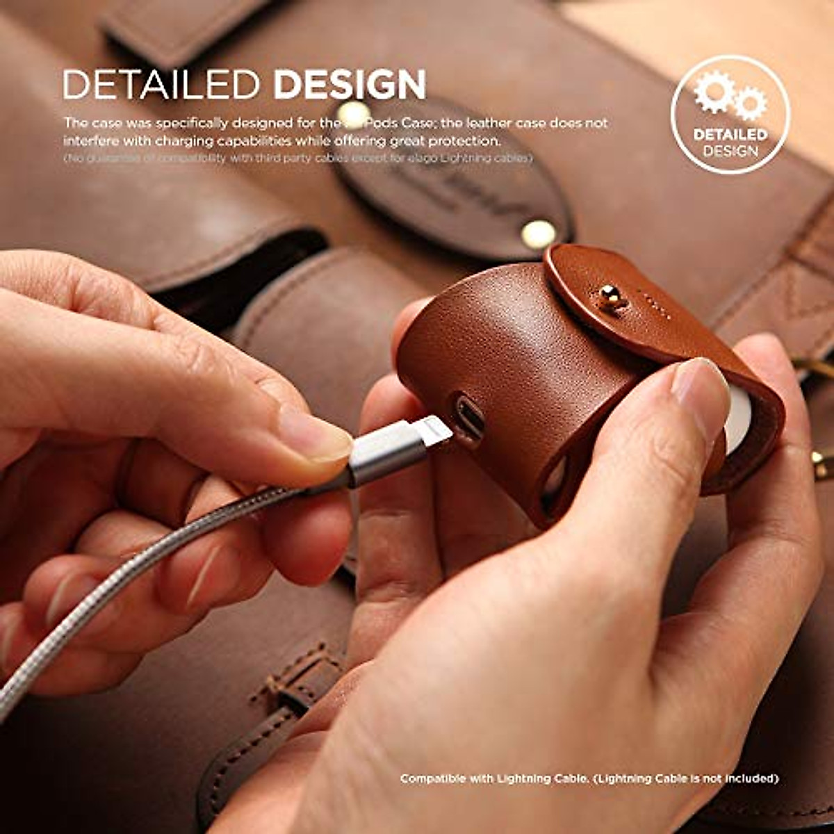 elago Genuine Leather Case Compatible with AirPods 1 Case and Compatible with AirPods 2 Case, Natural Cowhide Leather Case with Brass Ring Holder, Supports Wireless Charging [Black]