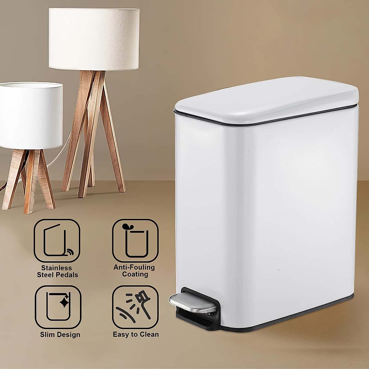 GONICVIN Bathroom Bin, 1.3 Gallon Stainless Steel Pedal Bin Waste Bin with Lids, Slow Drop Closing Slim Rubbish Bin Pedal Waste Basket for Bathroom, Kitchen, and Office (White)