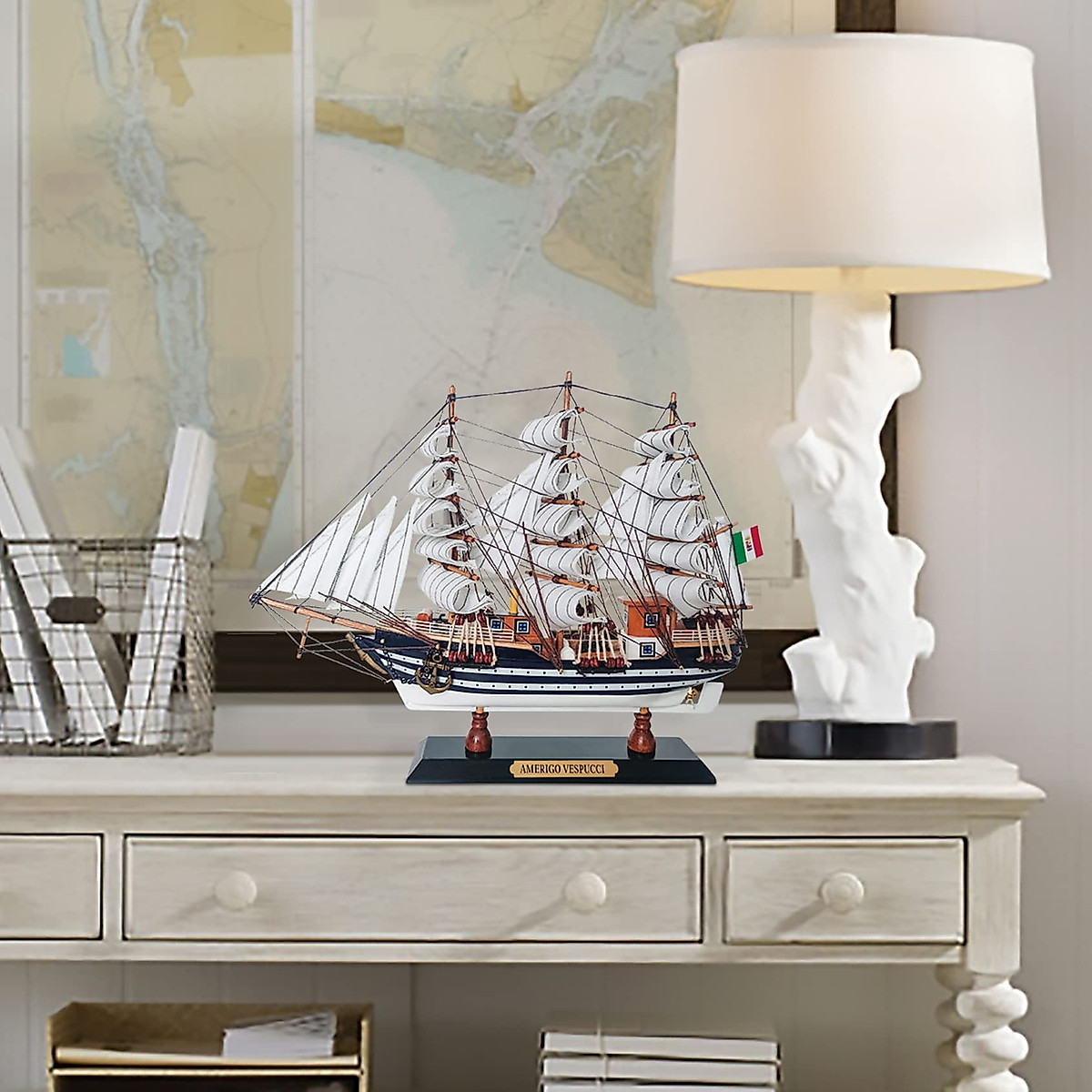 SAILINGSTORY Wooden Model Ship Amerigo Vespucci 1/300 Scale Replica Ship Model Sailboat Decor