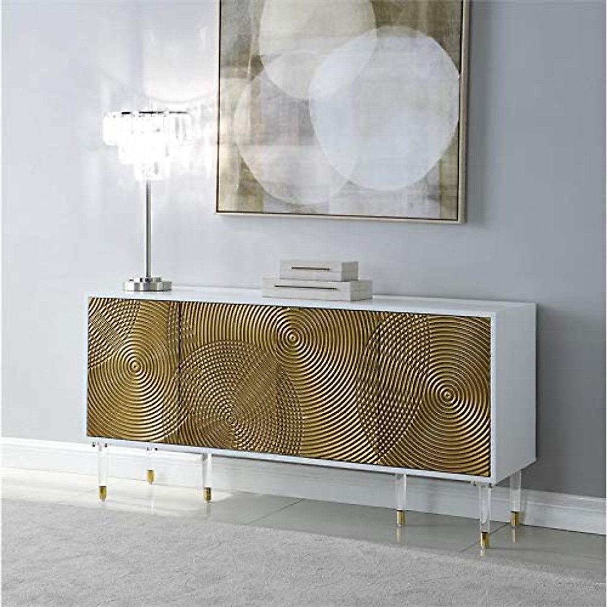 Meridian Furniture Bellissimo Collection Modern | Contemporary Lacquer Sideboard/Buffet Tipped Acrylic Legs Wood Design, 64" W x 18" D x 31" H, White/Gold