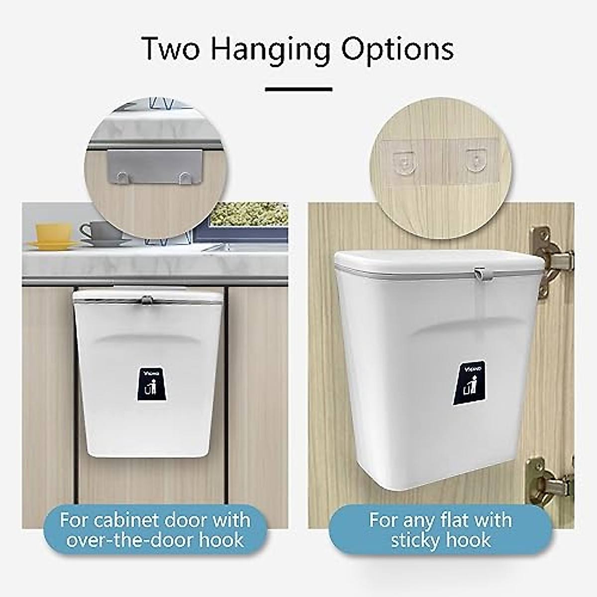 VIGIND 9L/2.4 Gallon Hanging Trash Can for Kitchen Cabinet Door with Lid, Small Under Sink Garbage Can,Trash Bin for Bathroom, Wall Mounted Counter Waste Compost Bin, Plastic  (White)