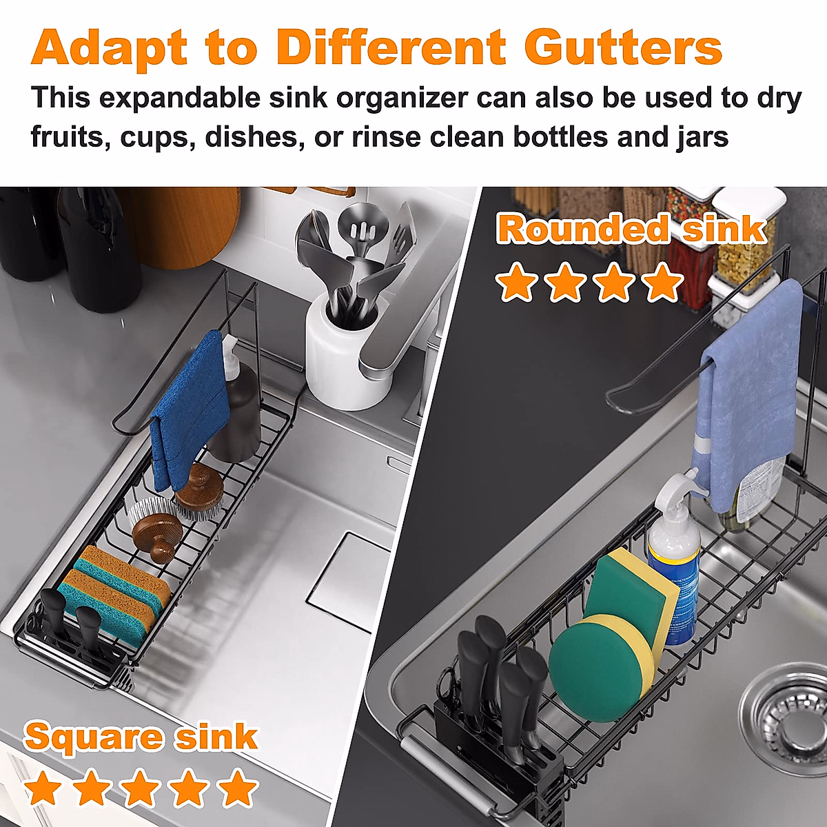 Sponge Holder for Kitchen Sink Telescopic Sink Storage Rack, Expandable for Sponge Brush Soap Dish Cloth Rag 16.7" to 21.3"(201 Stainless Steel) (Black Upgrade)