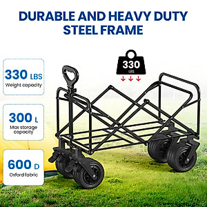 OFFBAIKU Collapsible Folding Wagon with 330lbs Weight Capacity Wagon Cart Heavy Duty Foldable with Big All-Terrain Wheels Beach Wagon Utility for Beach,Sand,Camping,Black