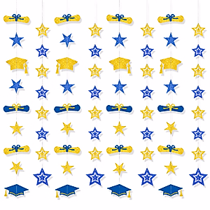 8-Pack 2024 Graduation Party Decorations - Blue Gold Glitter Backdrop with Cap, Diploma & Star Garland Banner Hanging Decor - Perfect for High School, College, and Middle School Graduation Parties