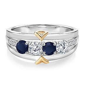 Gem Stone King 925 Silver and 10K Yellow Gold Blue Sapphire White Moissanite and Lab Grown Diamond Ring For Women (1.21 Cttw, Available In Size 5, 6, 7, 8, 9)