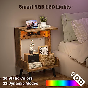 GYIIYUO Night Stands Set of 2 with Charging Station and Led Lights, Solid Wood Side Table with USB Ports and Outlets, Unique End Tables, for Bedroom, Rustic Brown