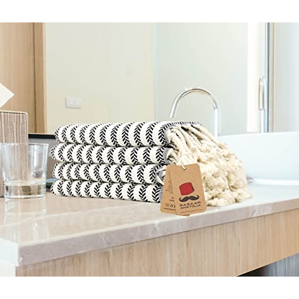 Turkish Hand Towels Set of 4 Arpa Peshtemal Towel 100% Cotton 45x20" Decorative Bathroom Towel Boho Farmhouse Decor Light Weight Quick Dry Hand Bath Hair Gym Face Tea Kitchen Dishcloth Set (Black)