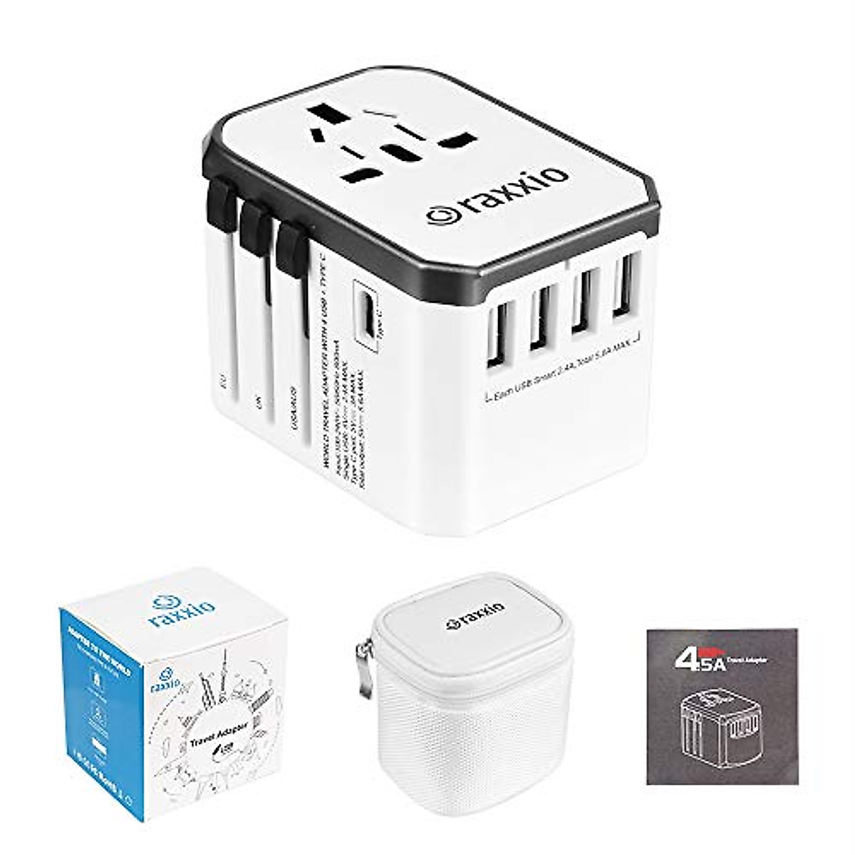 Raxxio Universal Travel Adapter, International Smart Power Plug with 2.4A 4 USB Ports Adapter, Converter for US, Canada, UK, Europe, AU, Asia (Type C USB White)