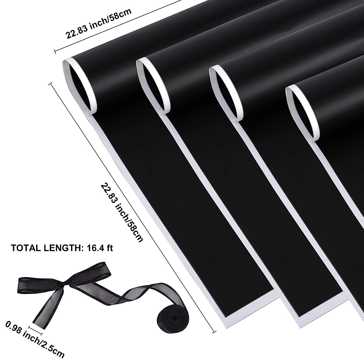 Kosotody 20 Sheets Waterproof Floral Wrapping Paper,Florist Bouquet Packaging Paper with Ribbon, 22.8x22.8 inch (White Edge Black)