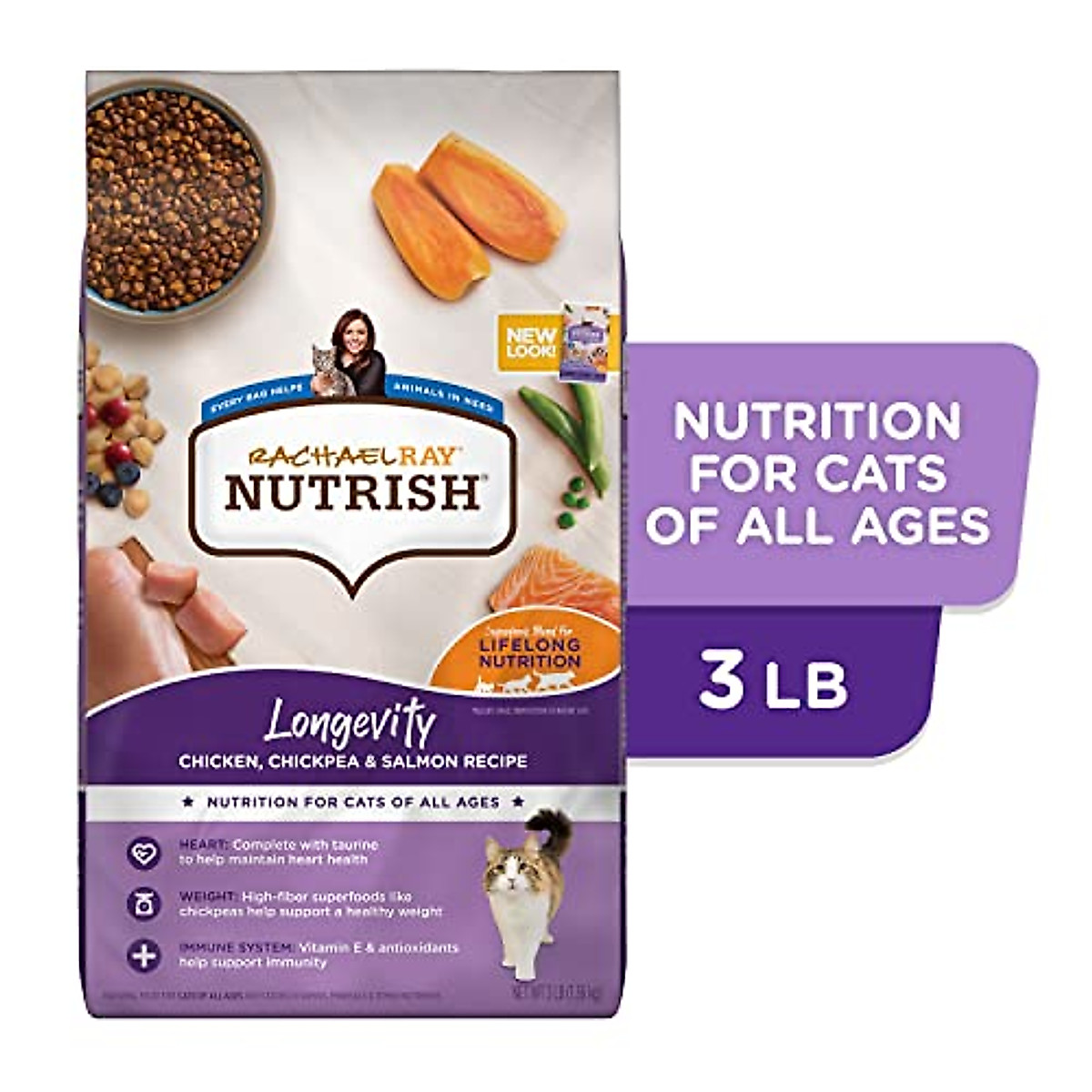 Rachael Ray Nutrish Longevity Premium Natural Dry Cat Food, Chicken with Chickpeas & Salmon Recipe, 3 Pounds