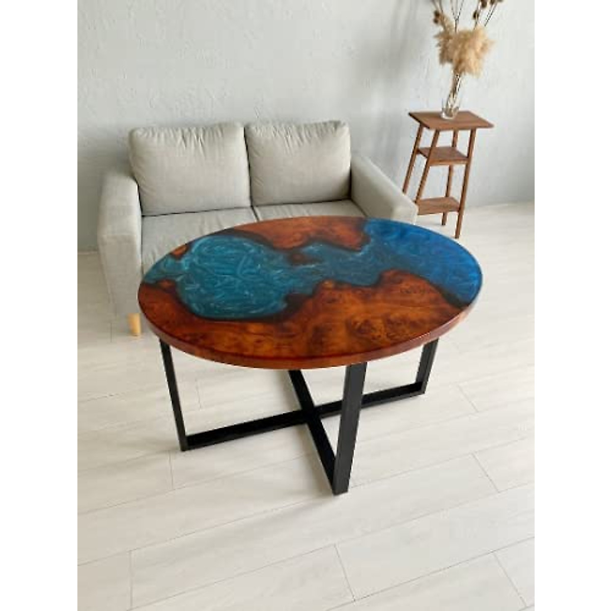 Oval Shape Epoxy Coffee Table with Blue Resin River, Custom Round Acacia Wood Side Circle, Wide Blue Resin River, Blue River Epoxy Table (18X18)