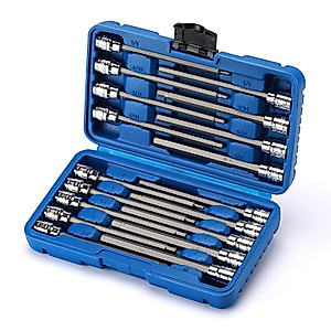 EMENTOL 18PCS 3/8" Drive Long Hex Bit Socket Set, CR-V, S2 Steel, SAE/Metric, Extra Long Allen Hex Bit Socket Set, 1/8 Inch - 3/8 Inch, 3mm - 10mm