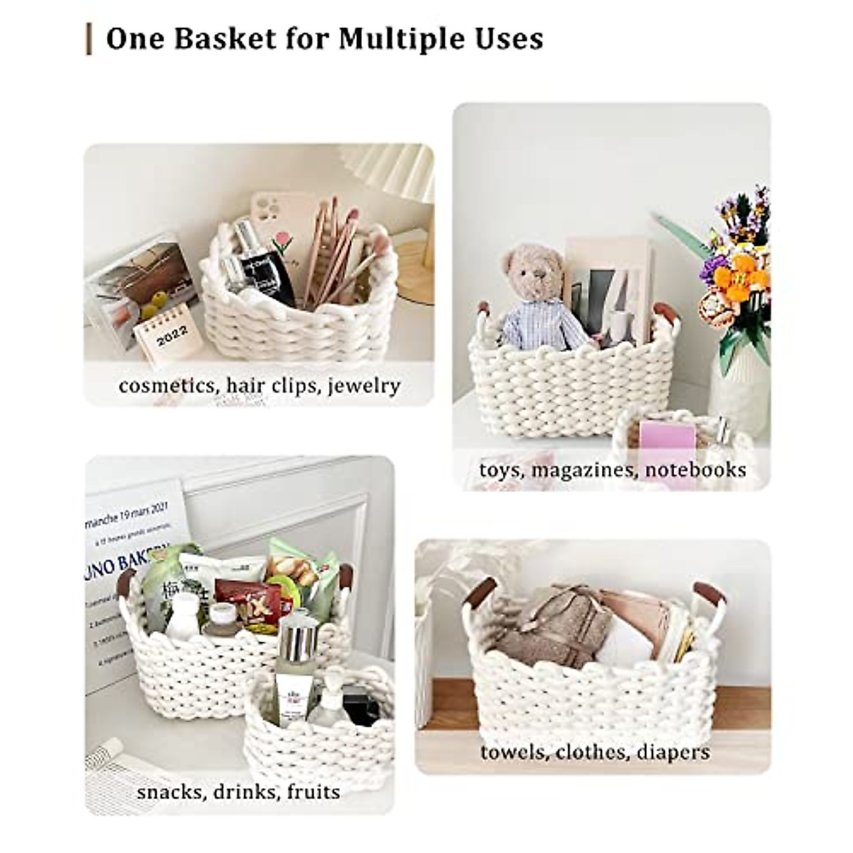 3-Piece Woven Baskets for Storage, Verkigle White Cotton Rope Basket with Handle, Decorative Cute Baskets for Room Desktop Organizing, Empty Gift Basket, Small Shelf Basket for Baby Nursery