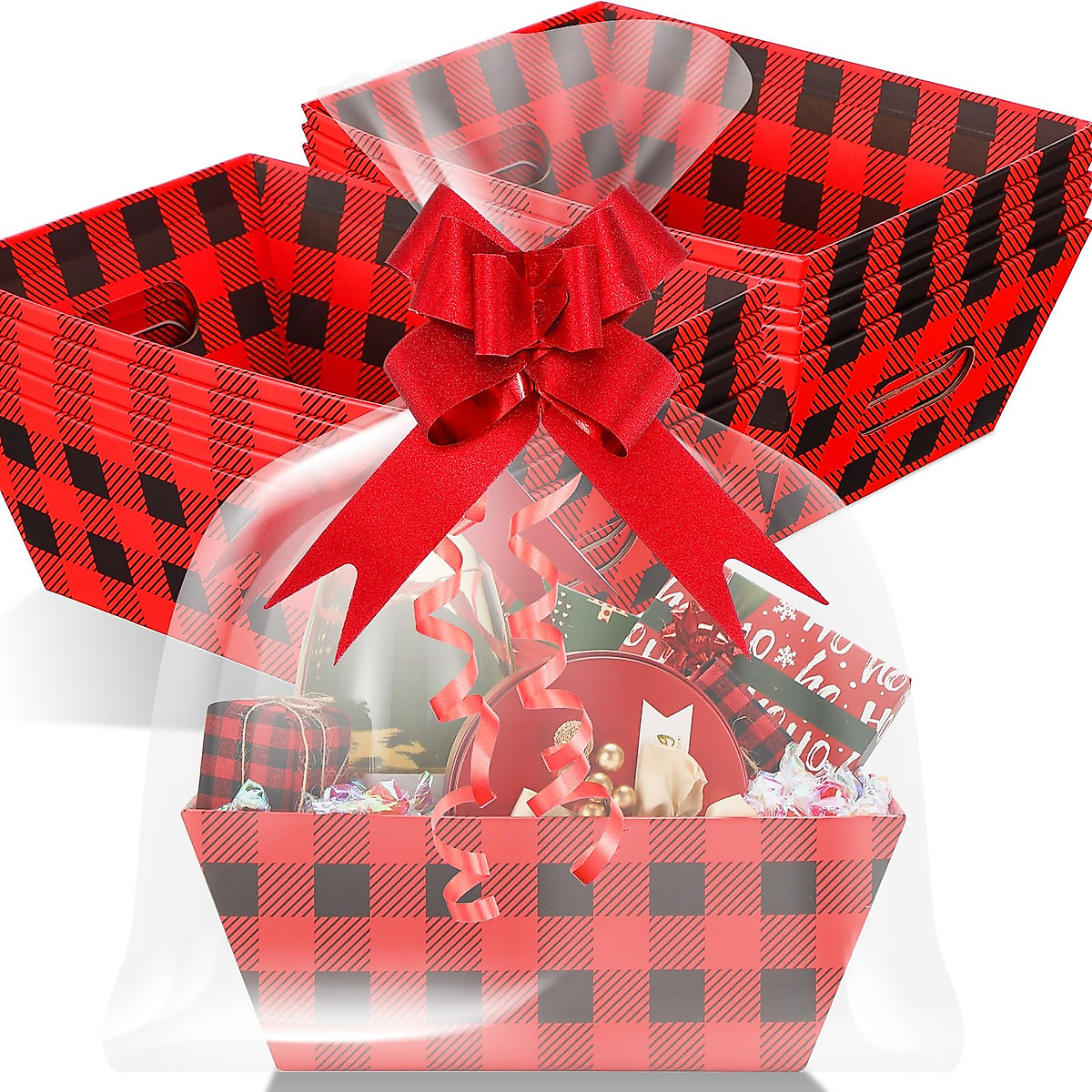 Yeaqee 36 Pcs Christmas Baskets for Gifts Empty Set Includes 12 Buffalo Plaid Christmas Basket for Gifts to Fill, Sturdy Cardboard Baskets Bulk 12 Bags 12 Pull Bows for Christmas Xmas
