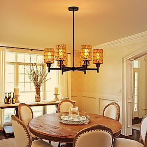 Widluth Black Chandelier Light Fixture Vintage 6-Lights Black Chandelier with Rattan Shade Industrial Boho 24.8" Hand Woven Bamboo Chandelier for Dining Room, Kitchen Island, Bedroom