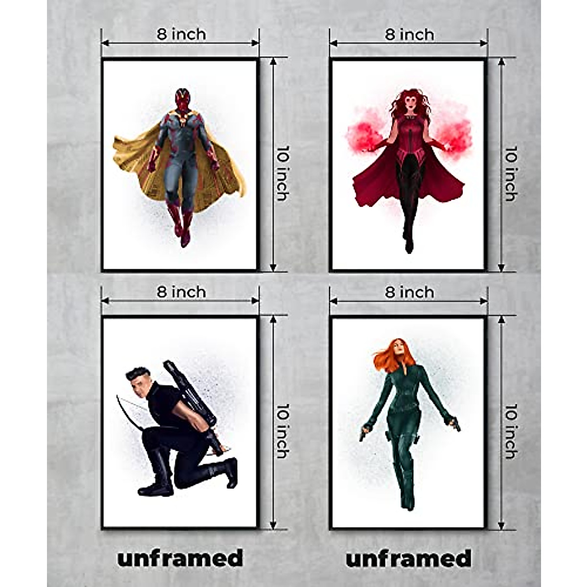 Set of 12 Superhero Posters - Ant-Man - Falcon - Hulk - Wanda - Black Widow - Iron Man - Hawkeye- Spider-Man - Black Panther - Captain America - Thor and Vision (Concept art style, 8x10)