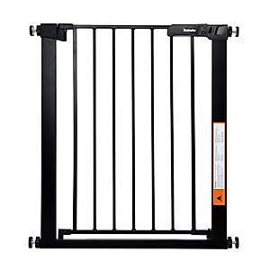 BABELIO 26-32 Inch Easy Install Narrow Pressure Mounted Metal Baby Gate, No Drilling, No Tools Required, with Wall Protectors and Extenders (Black)