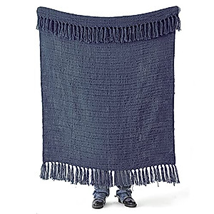 PANDATEX Thick Chunky Navy Blue Knitted Throw Blanket for Couch Chair Sofa Bed, Chic Boho Style Textured Basket Weave Pattern Blanket with Decorative Fringe, 50"x60"