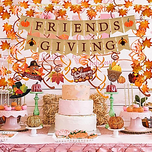 Famoby FRIENDSGIVING Burlap Banner Paper Triangular Bunting Maple leaf Garland Plastic Streamer for Thanksgiving Day Party Decoration