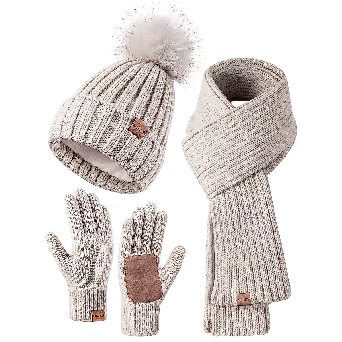Womens Fleece Lined Winter Hat, Scarf and Glove Set - With Pom Pom Beanie, Long Scarf and Touchscreen Gloves (Oatmeal)