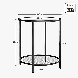 CADANI End Table, Glass Side Table with Open Storage, 2-Tier Black Accent Table with Sturdy Metal Frame, Modern Round Coffee Table for Living Room, Bedroom, Balcony, Patio