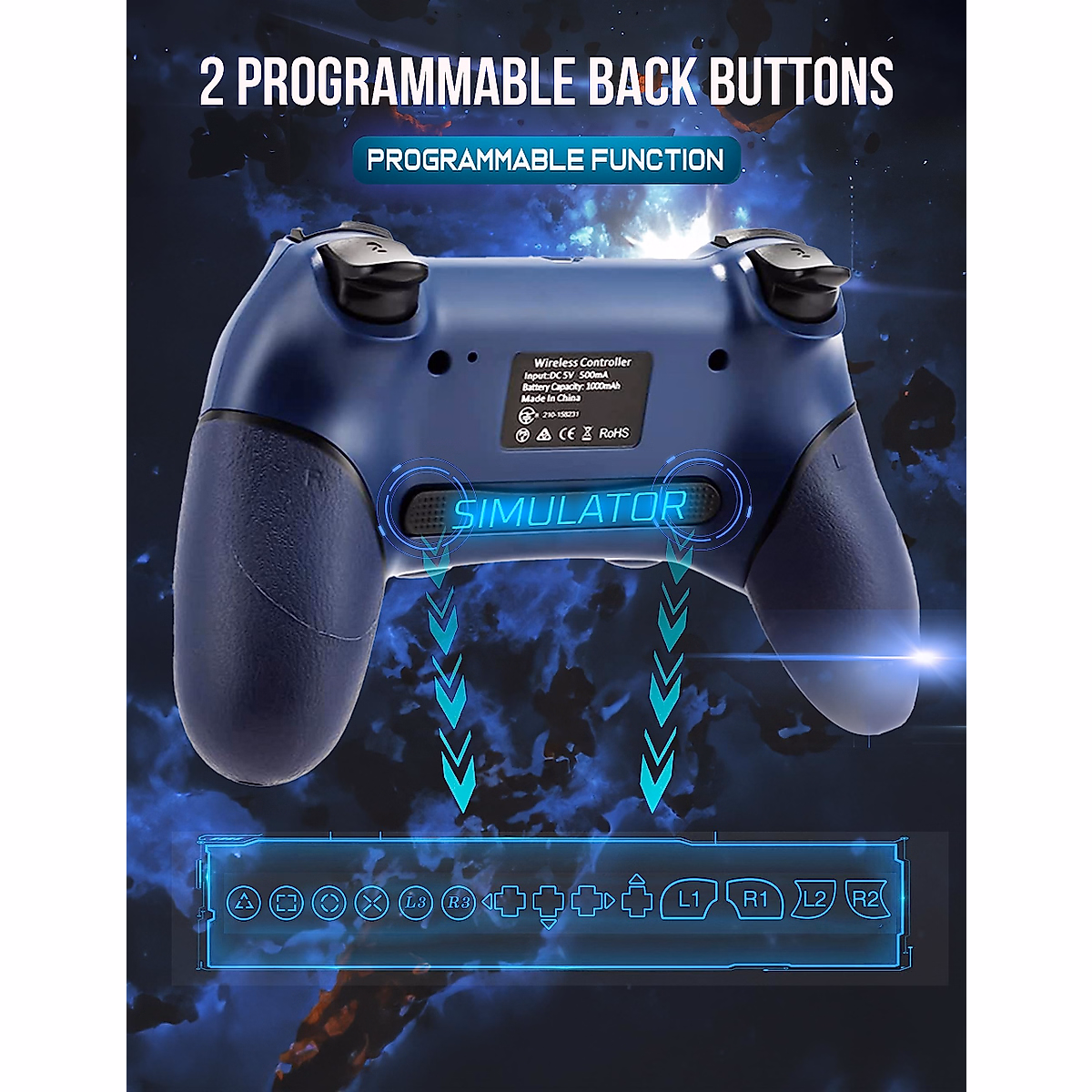 TJPD Wireless Controller for PS4, Wireless Remote Gamepad with 2 Programmable Back Buttons/Turbo/Dual Vibration/Touch Pad/Six-axis Motion (Blue) (Blue)