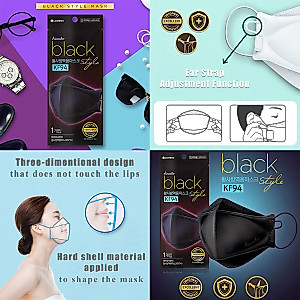 [LG Airwasher] KF94 Disposable Face Mask, 10 Pack - Made in Korea, Black Breathable Reusable Face Mask, Individually Wrapped 4-Ply Adjustable Cloth Masks