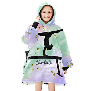 Gold Dots Girl Gymnast Custom Wearable Blanket Hoodie Sweatshirt with Pocket, Flannel Sherpa Warm Blanket for Children