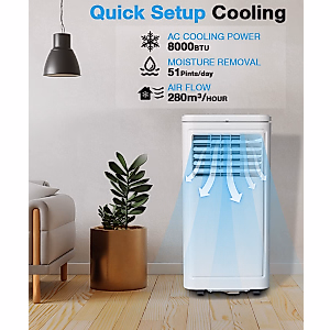 Joy Pebble Portable Air Conditioner, 8000 BTU for Room up to 350 sq. ft, Portable AC with Dehumidifier & Fan, 2 Fan Speeds, 24H Timer, Remote Control, Energy Efficiency