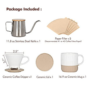 AELS Pour Over Coffee Maker Gift Set, Includes Ceramic Coffee Dripper Brewer & Coffee Mug with Lid, Stainless Steel Gooseneck Kettle & 5pcs Coffee Filter, Manual Single Cup Coffee Maker, Gift Idea