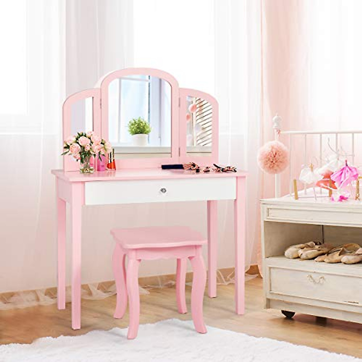 KOTEK Kids Vanity Set w/Tri-Folding Mirror, Princess Makeup Dressing Table w/Detachable Top & Drawer, 2-in-1 Vanity Table and Chair Set, Pretend Beauty Play Vanity for Girls (Pink)