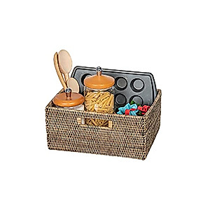 La Jolla Rattan Shelf Basket with Handles, Medium, Black-Wash
