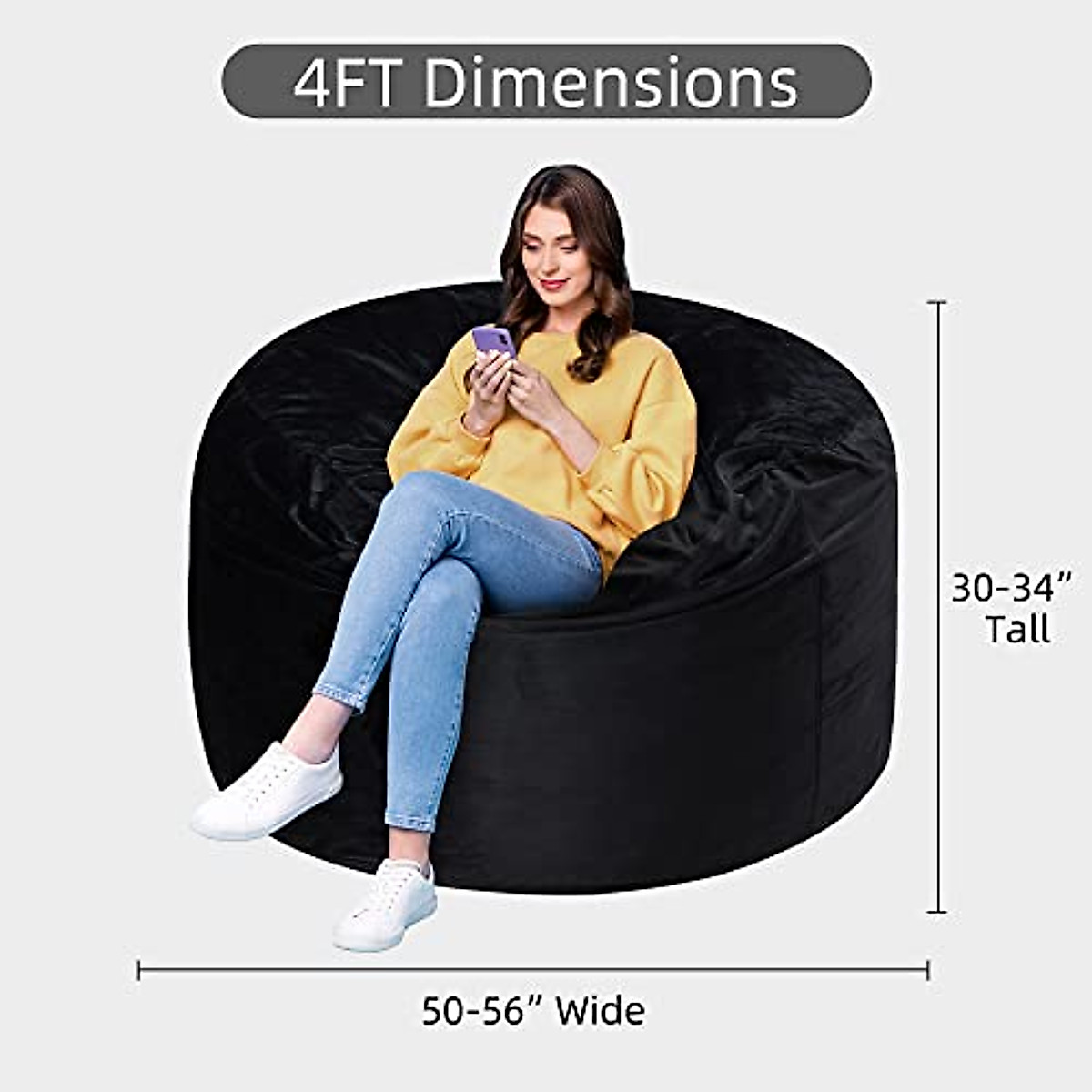 SIMFLAG 4Ft Bean Bag Chair, Memory Foam Filling Bean Bag Chairs with Velvet Cover, Removable and Machine Washable Cover, Giant Bean Bag Chair for Adult - Black