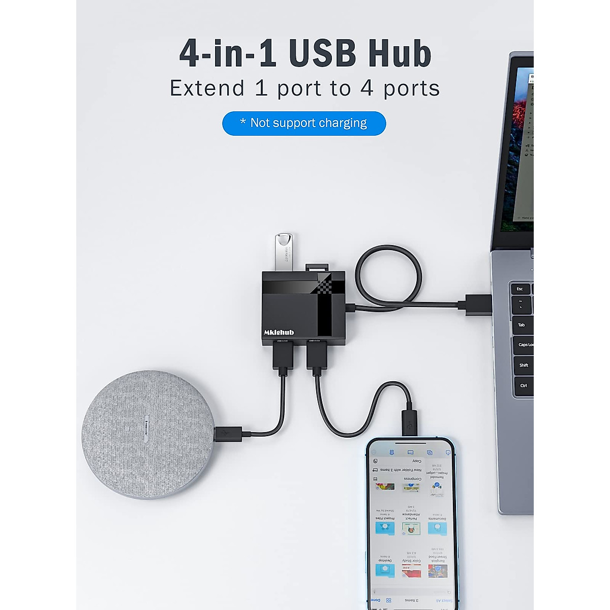 Mkighub USB A Hub, 4-Port USB 3.0 Hub, Multi USB Port Expander, Fast Data Transfer USB Splitter for Laptop, iMac Pro, MacBook Air, Mac, Surface Pro, XPS, PC, Flash Drive, Mobile HDD