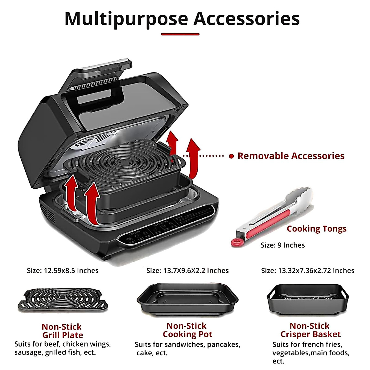 Indoor Grill Air Fryer Combo Smokeless, Fast Heating, and 7-in-1 Functionality with See-Through Window, Non-Stick Removable Plates,Electric Grill up to 450°F Even Heat, Silicon Tongs, 4Qt, 1750W