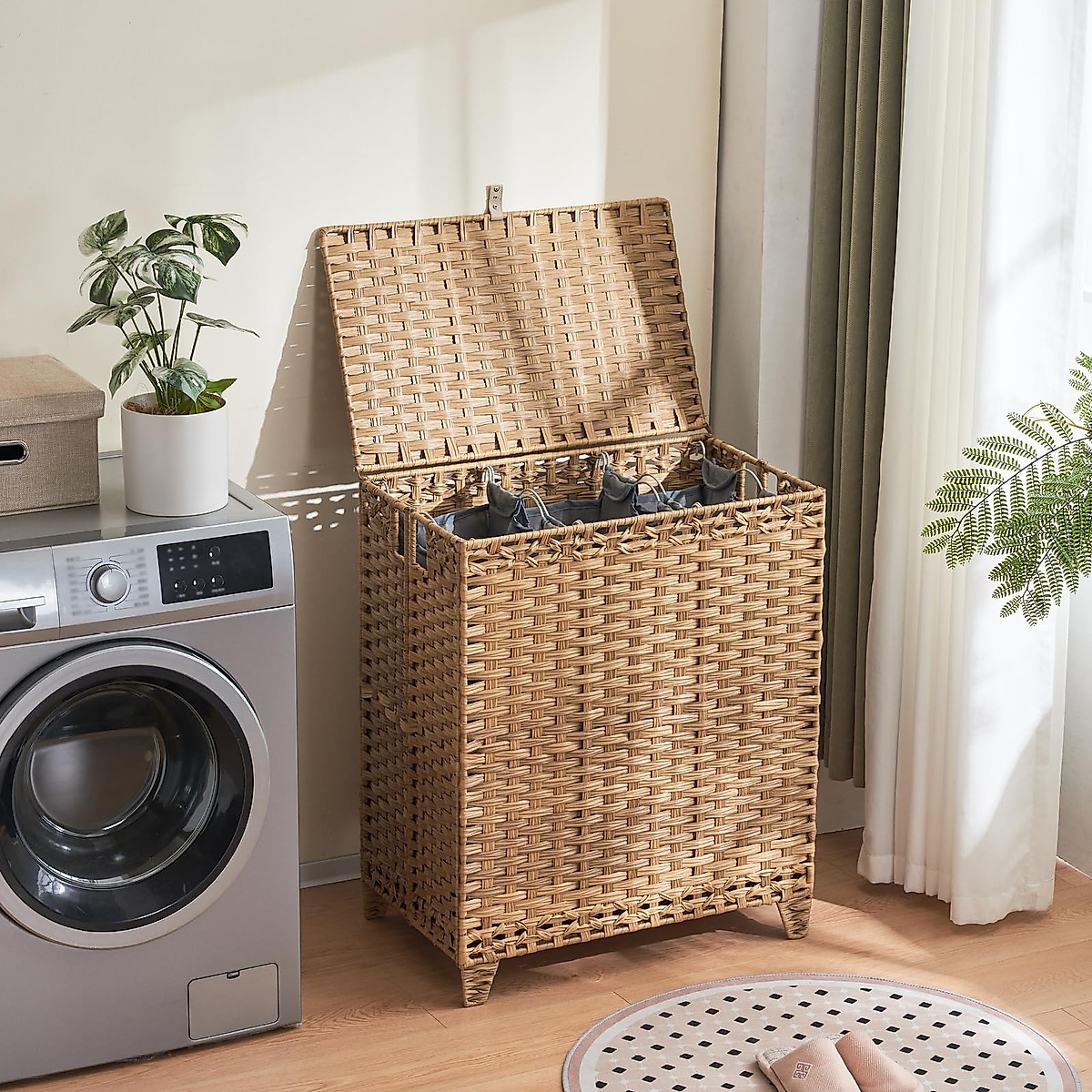 Laundry Hamper with Lid, 190L Large Laundry Basket 3 Section with 6 Removable Liner Bags & 3 Mesh Laundry Bags, Handwoven Rattan Clothes Hamper with Heightened Feet, No Install Needed, Natural