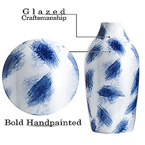 TERESA'S COLLECTIONS Blue Ceramic Vase for Modern Home Decor, Blue and White Vases for Flowers, Glazed Vases with Brush Effect for Centerpieces, Shelf, Living Room, Mantel -Set of 2, 7&8 inches