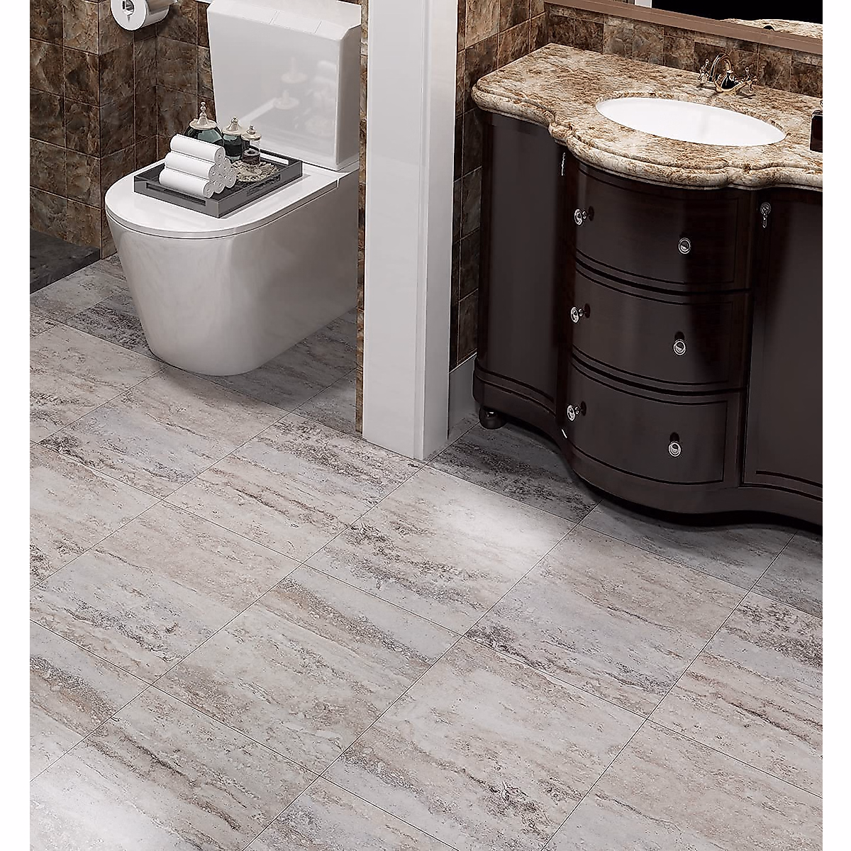 Livelynine 16-Pack Rustic Peel and Stick Floor Tile for Bathroom Flooring Waterproof Vinyl Flooring Stick on Floor Tiles for Kitchen Bedroom Peel and Stick Laminate Flooring Linoleum Tiles 12X12In