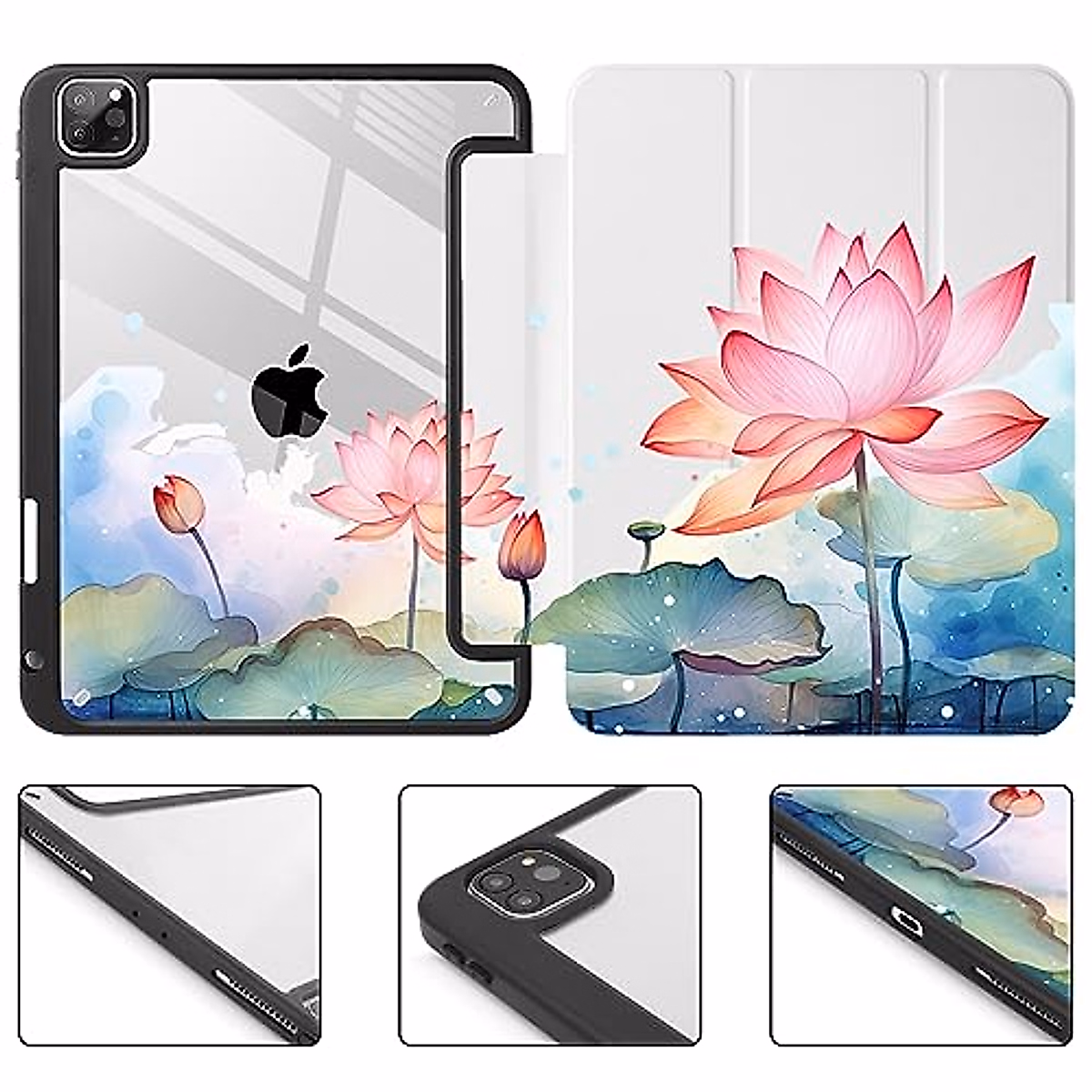 SUROCASE for iPad Pro 11 Inch M2 Case, Clear Back & TPU Cover with Trifold Stand+Pencil Holder for iPad Pro 11 Inch 4th Generation 2022 / 3rd Gen 2021/ 2nd Gen 2020 / 1st Gen 2018, Spring Lotus