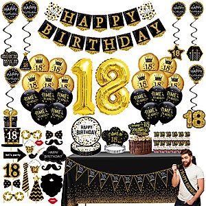 18th birthday decorations for boys girls,(76pack) black gold party Banner, Pennant, Hanging Swirl, birthday balloons, Tablecloths, cupcake Topper, Crown, Photo Props, Birthday Sash for men gift