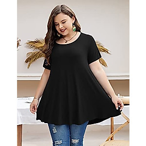 MONNURO Womens Short Sleeve Casual Loose Fit Flare Swing Tunic Tops Basic T-Shirt Plus Size(Black, 3X)