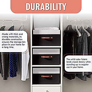 Ornavo Home 3 Pack Collapsible Storage Bins with Lid, Foldable Linen Fabric Shelf Storage Basket Closet Organizer and Large Storage Box for Clothes with Leather Handles, 15 x 10 x 9, White/Black