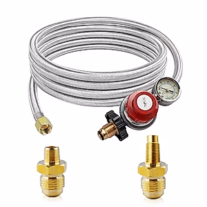 MCAMPAS 12 FT 0-30 Psi Adjustable High-Pressure Propane Regulator with Gauge 0~60PSI Gas Flow Indicator,3/8" Flare x 1/8" MNPT,Stainless Braided Hose with Soft-Nose Male POL Valve Regulator
