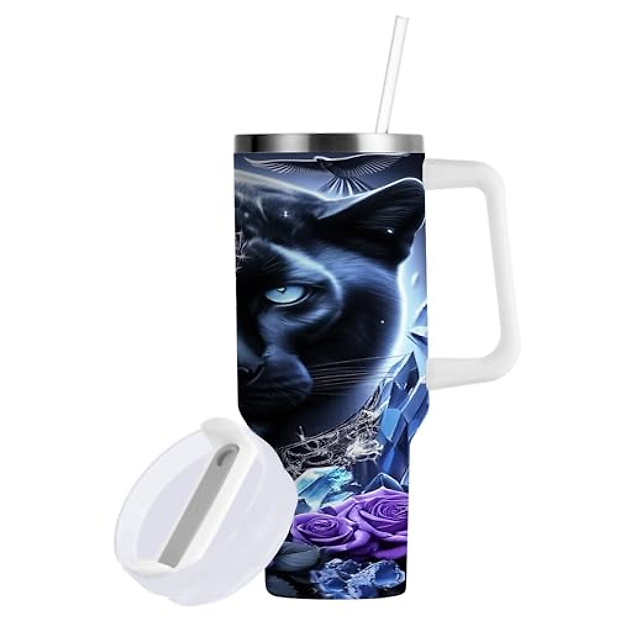 RPLIFE Mystic Panther Purple Rose Travel Coffee Tumbler, Stainless Steel Tumbler, Drinking Cups with Lids and Straws